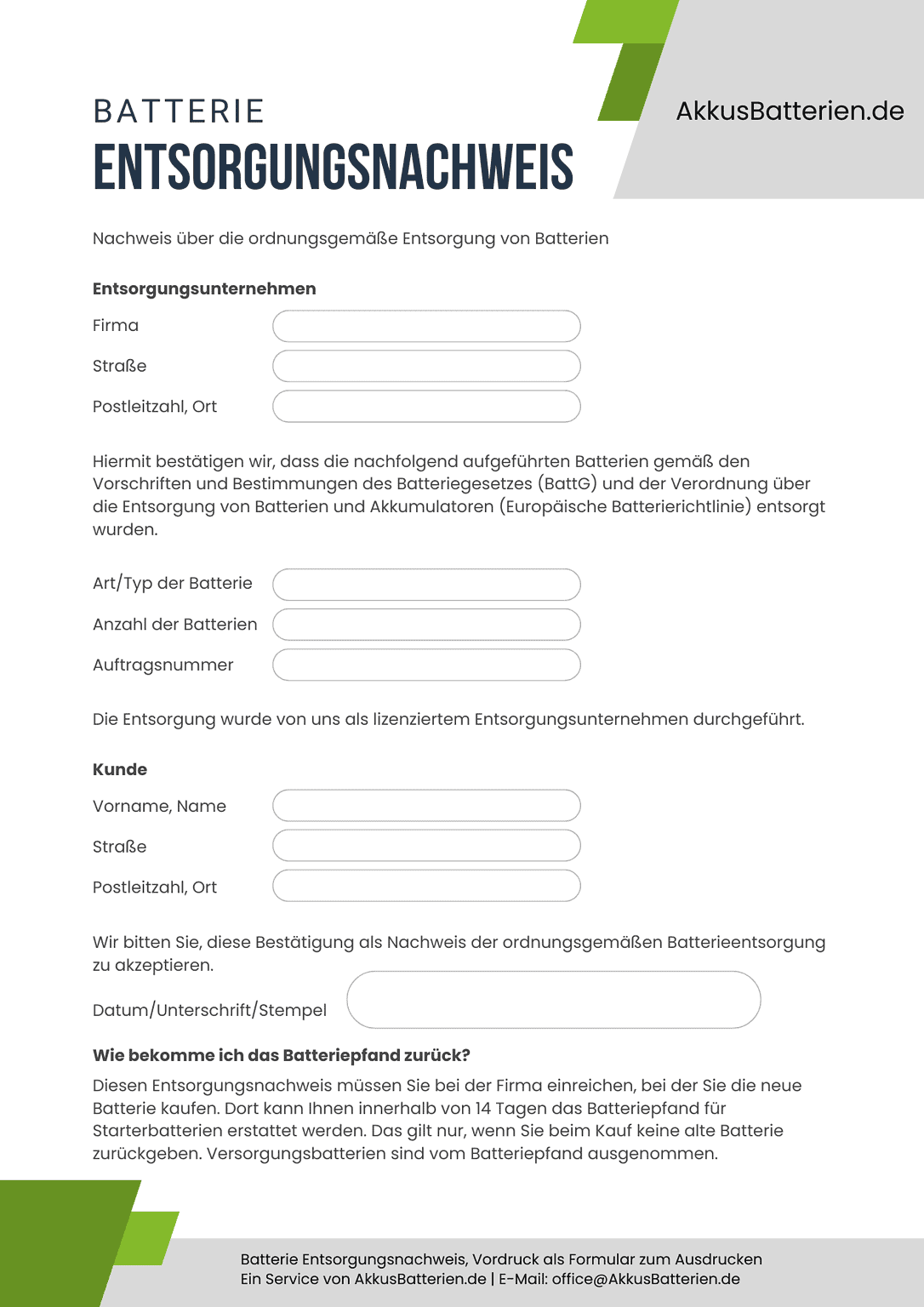 Batterie Entsorgungsnachweis: PDF Formular ausdrucken (2023)